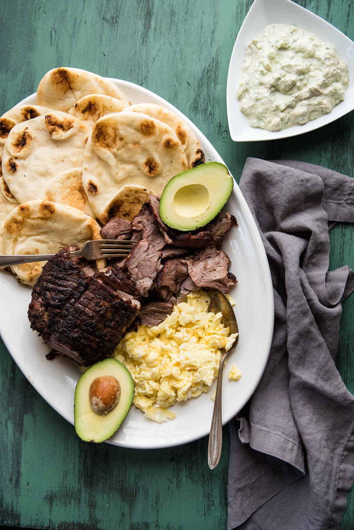 Breakfast Lamb Gyros with Avocado Tzatziki - Hunger Thirst Play